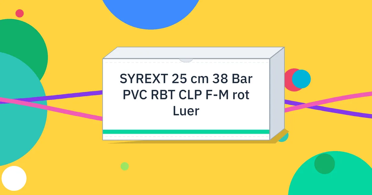 Symbolbild: Packung mit der Aufschrift SYREXT 25 cm 38 Bar PVC RBT CLP F-M rot Luer (PZN 17897997) – Verfügbarkeit und Bezug in Apotheken in Frankfurt am Main