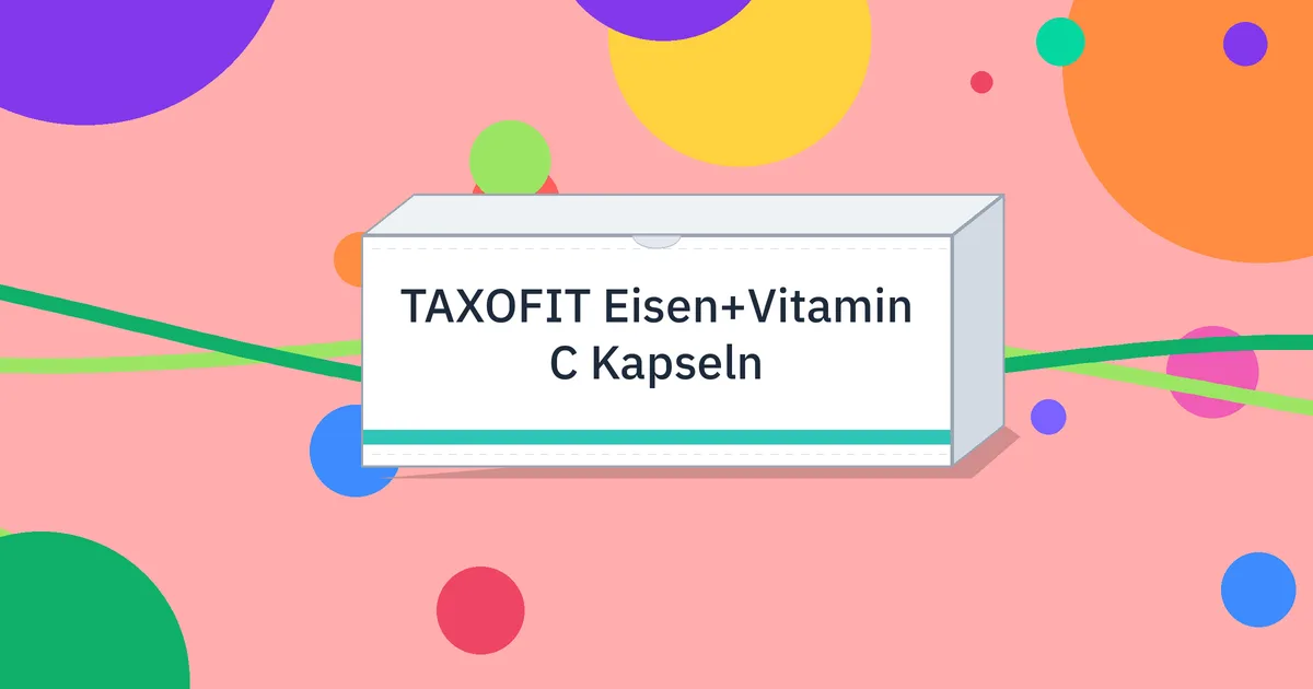 Symbolbild: Packung mit der Aufschrift TAXOFIT Eisen+Vitamin C Kapseln (PZN 18399741) – Verfügbarkeit und Bezug in Apotheken in Frankfurt am Main
