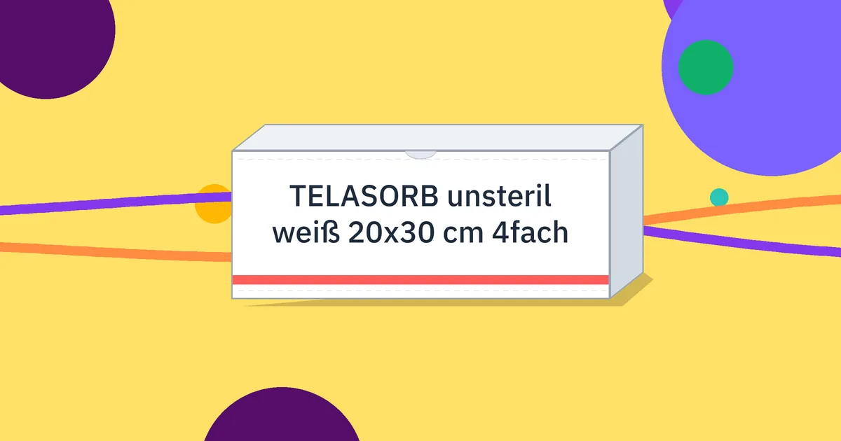 Symbolbild: Packung mit der Aufschrift TELASORB unsteril weiß 20x30 cm 4fach (PZN 06893536) – Verfügbarkeit und Bezug in Apotheken in Frankfurt am Main