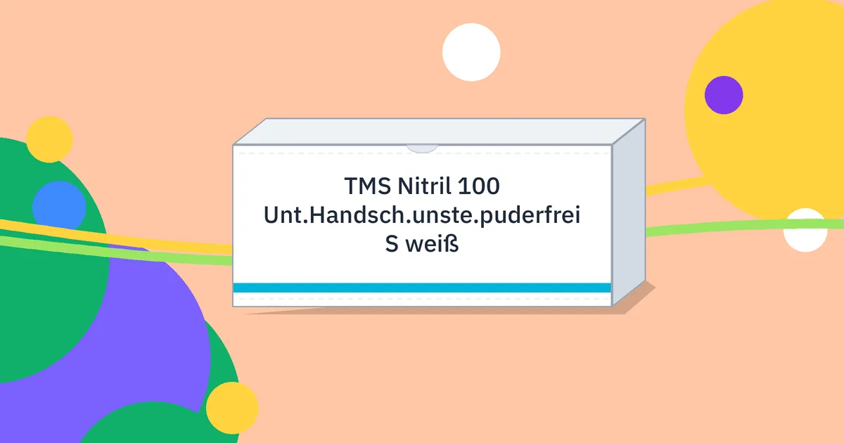 Symbolbild: Packung mit der Aufschrift TMS Nitril 100 Unt.Handsch.unste.puderfrei S weiß (PZN 20650800) – Verfügbarkeit und Bezug in Apotheken in Frankfurt am Main