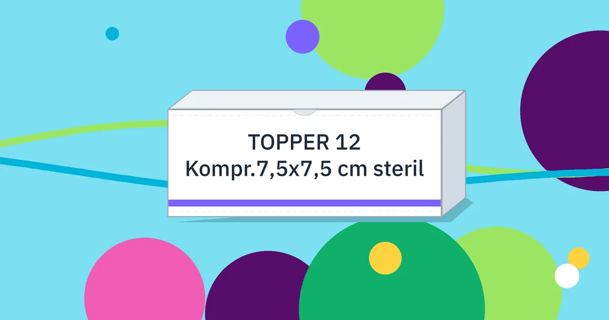 Symbolbild: Packung mit der Aufschrift TOPPER 12 Kompr.7,5x7,5 cm steril (PZN 09644383) – Verfügbarkeit und Bezug in Apotheken in Frankfurt am Main