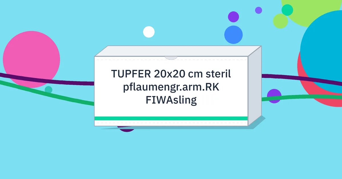 Symbolbild: Packung mit der Aufschrift TUPFER 20x20 cm steril pflaumengr.arm.RK FIWAsling (PZN 11860527) – Verfügbarkeit und Bezug in Apotheken in Frankfurt am Main
