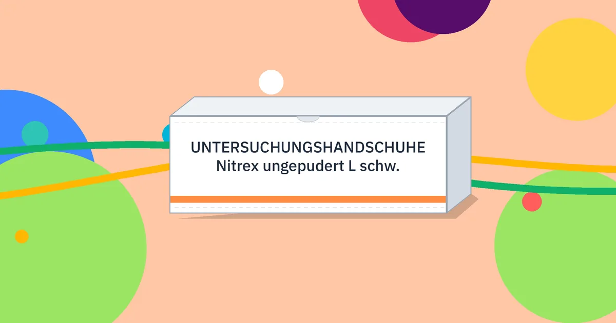 Symbolbild: Packung mit der Aufschrift UNTERSUCHUNGSHANDSCHUHE Nitrex ungepudert L schw. (PZN 15403212) – Verfügbarkeit und Bezug in Apotheken in Frankfurt am Main