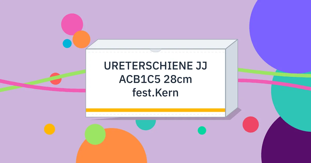 Symbolbild: Packung mit der Aufschrift URETERSCHIENE JJ ACB1C5 28cm fest.Kern (PZN 02178825) – Verfügbarkeit und Bezug in Apotheken in Frankfurt am Main