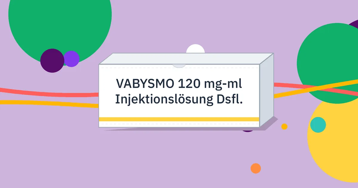 Symbolbild: Packung mit der Aufschrift VABYSMO 120 mg-ml Injektionslösung Dsfl. (PZN 20282779) – Verfügbarkeit und Bezug in Apotheken in Frankfurt am Main