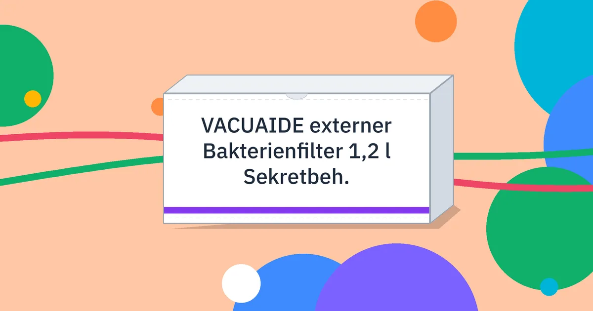 Symbolbild: Packung mit der Aufschrift VACUAIDE externer Bakterienfilter 1,2 l Sekretbeh. (PZN 17919428) – Verfügbarkeit und Bezug in Apotheken in Frankfurt am Main