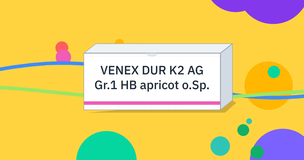 Symbolbild: Packung mit der Aufschrift VENEX DUR K2 AG Gr.1 HB apricot o.Sp. (PZN 03220682) – Verfügbarkeit und Bezug in Apotheken in Frankfurt am Main