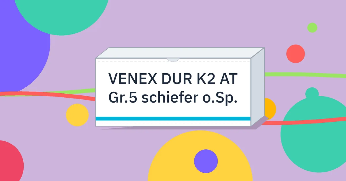 Symbolbild: Packung mit der Aufschrift VENEX DUR K2 AT Gr.5 schiefer o.Sp. (PZN 03224757) – Verfügbarkeit und Bezug in Apotheken in Frankfurt am Main