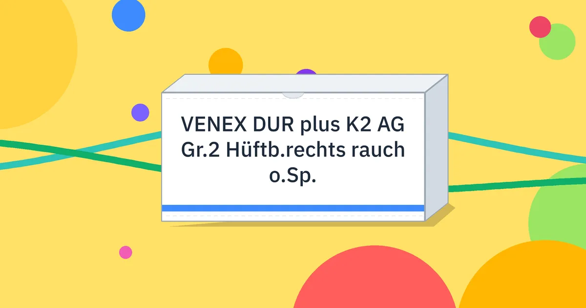 Symbolbild: Packung mit der Aufschrift VENEX DUR plus K2 AG Gr.2 Hüftb.rechts rauch o.Sp. (PZN 03239747) – Verfügbarkeit und Bezug in Apotheken in Frankfurt am Main