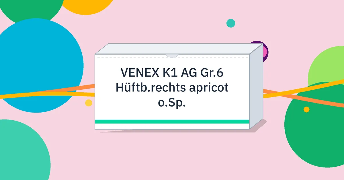Symbolbild: Packung mit der Aufschrift VENEX K1 AG Gr.6 Hüftb.rechts apricot o.Sp. (PZN 03207635) – Verfügbarkeit und Bezug in Apotheken in Frankfurt am Main