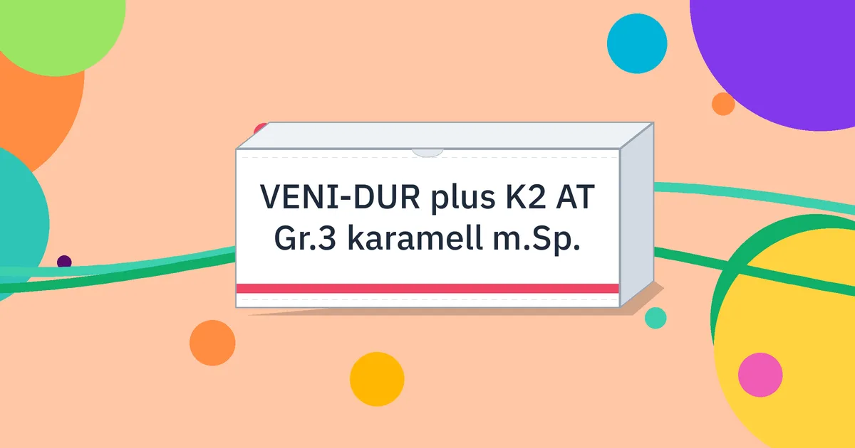 Symbolbild: Packung mit der Aufschrift VENI-DUR plus K2 AT Gr.3 karamell m.Sp. (PZN 13757101) – Verfügbarkeit und Bezug in Apotheken in Frankfurt am Main
