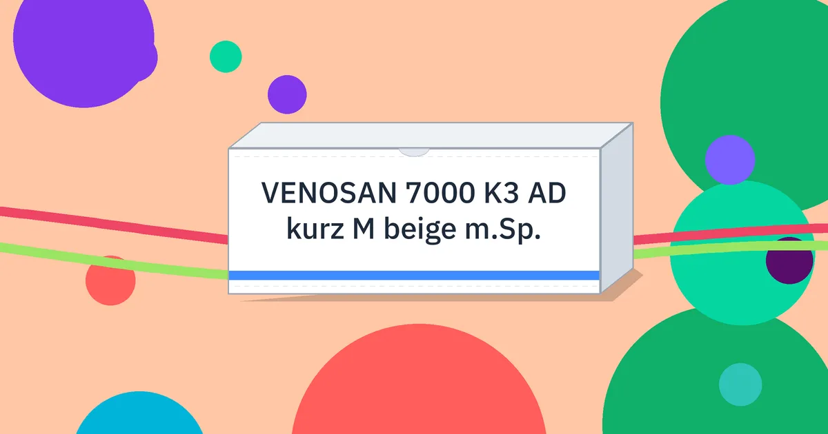 Symbolbild: Packung mit der Aufschrift VENOSAN 7000 K3 AD kurz M beige m.Sp. (PZN 14435090) – Verfügbarkeit und Bezug in Apotheken in Frankfurt am Main