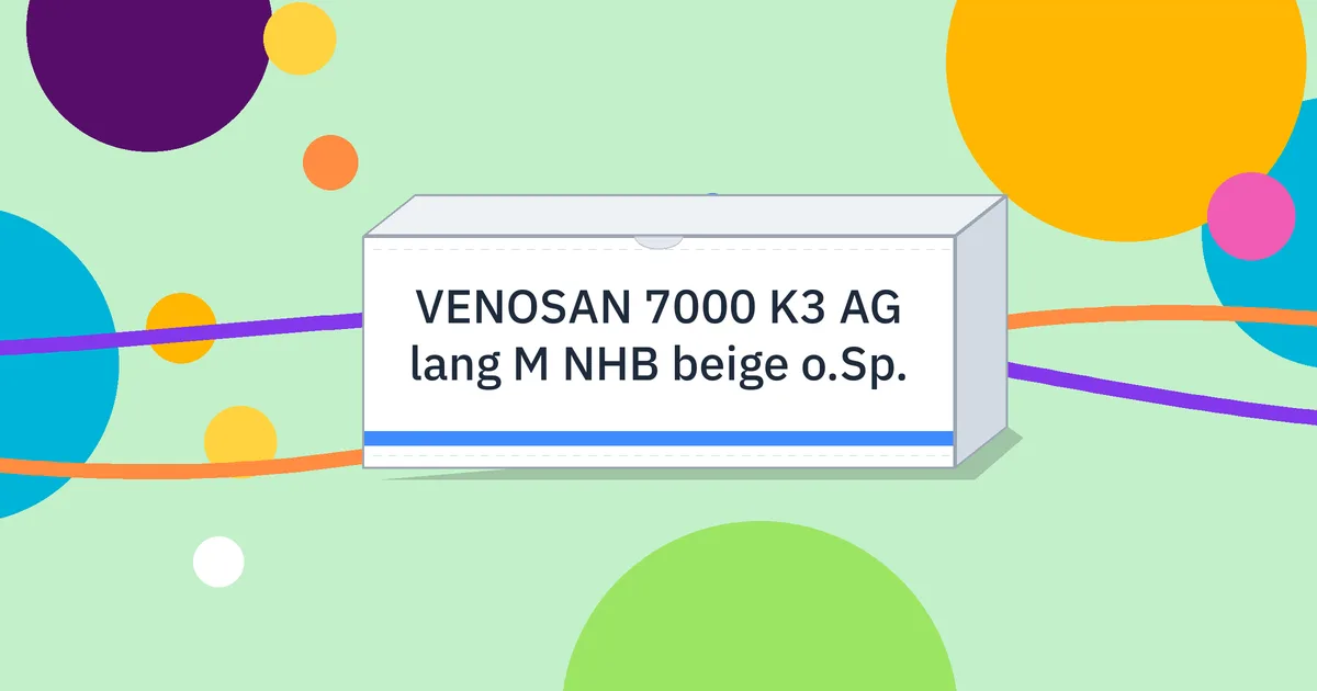 Symbolbild: Packung mit der Aufschrift VENOSAN 7000 K3 AG lang M NHB beige o.Sp. (PZN 14435339) – Verfügbarkeit und Bezug in Apotheken in Frankfurt am Main