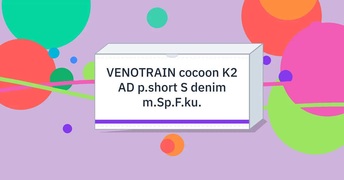 Symbolbild: Packung mit der Aufschrift VENOTRAIN cocoon K2 AD p.short S denim m.Sp.F.ku. (PZN 19198967) – Verfügbarkeit und Bezug in Apotheken in Frankfurt am Main