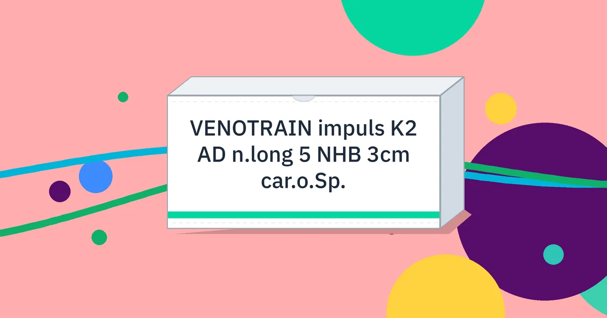 Symbolbild: Packung mit der Aufschrift VENOTRAIN impuls K2 AD n.long 5 NHB 3cm car.o.Sp. (PZN 08427287) – Verfügbarkeit und Bezug in Apotheken in Frankfurt am Main