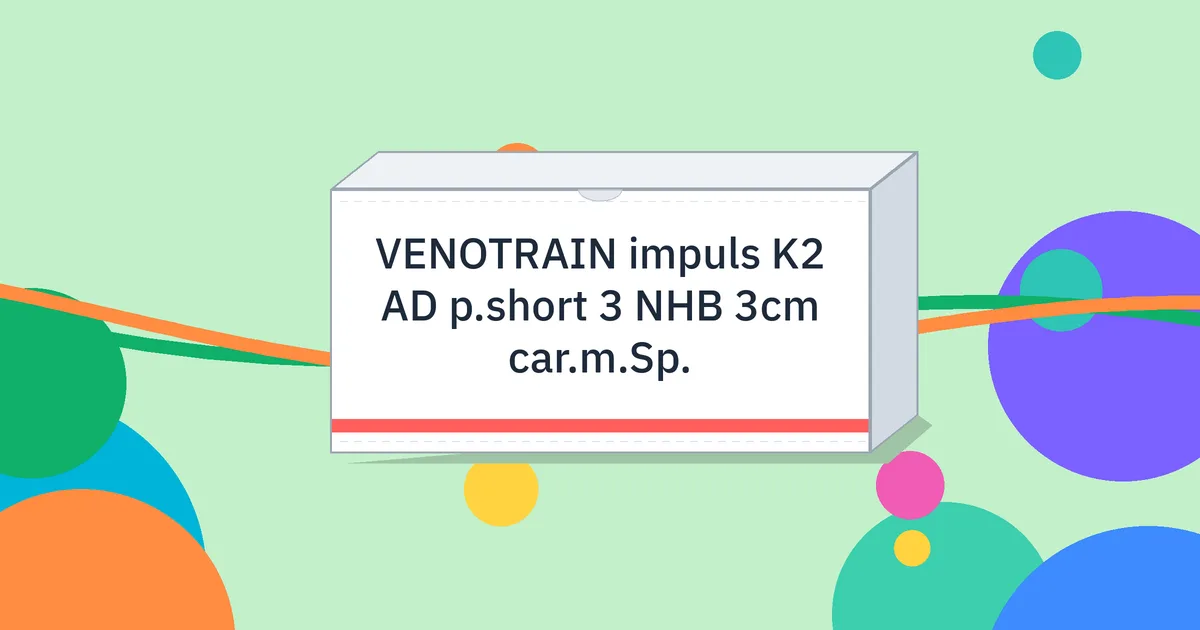 Symbolbild: Packung mit der Aufschrift VENOTRAIN impuls K2 AD p.short 3 NHB 3cm car.m.Sp. (PZN 00646417) – Verfügbarkeit und Bezug in Apotheken in Frankfurt am Main