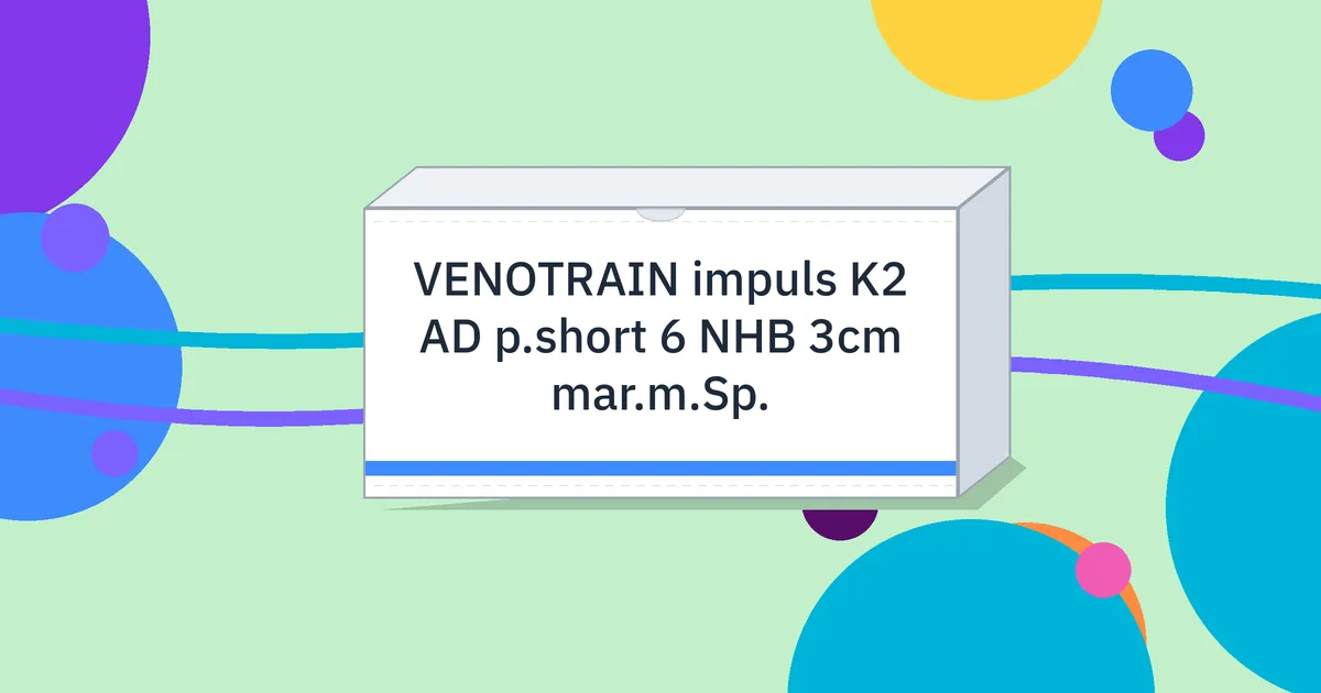 Symbolbild: Packung mit der Aufschrift VENOTRAIN impuls K2 AD p.short 6 NHB 3cm mar.m.Sp. (PZN 15223645) – Verfügbarkeit und Bezug in Apotheken in Frankfurt am Main