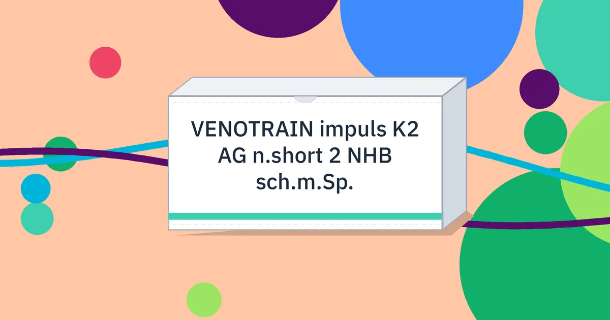 Symbolbild: Packung mit der Aufschrift VENOTRAIN impuls K2 AG n.short 2 NHB sch.m.Sp. (PZN 00505823) – Verfügbarkeit und Bezug in Apotheken in Frankfurt am Main