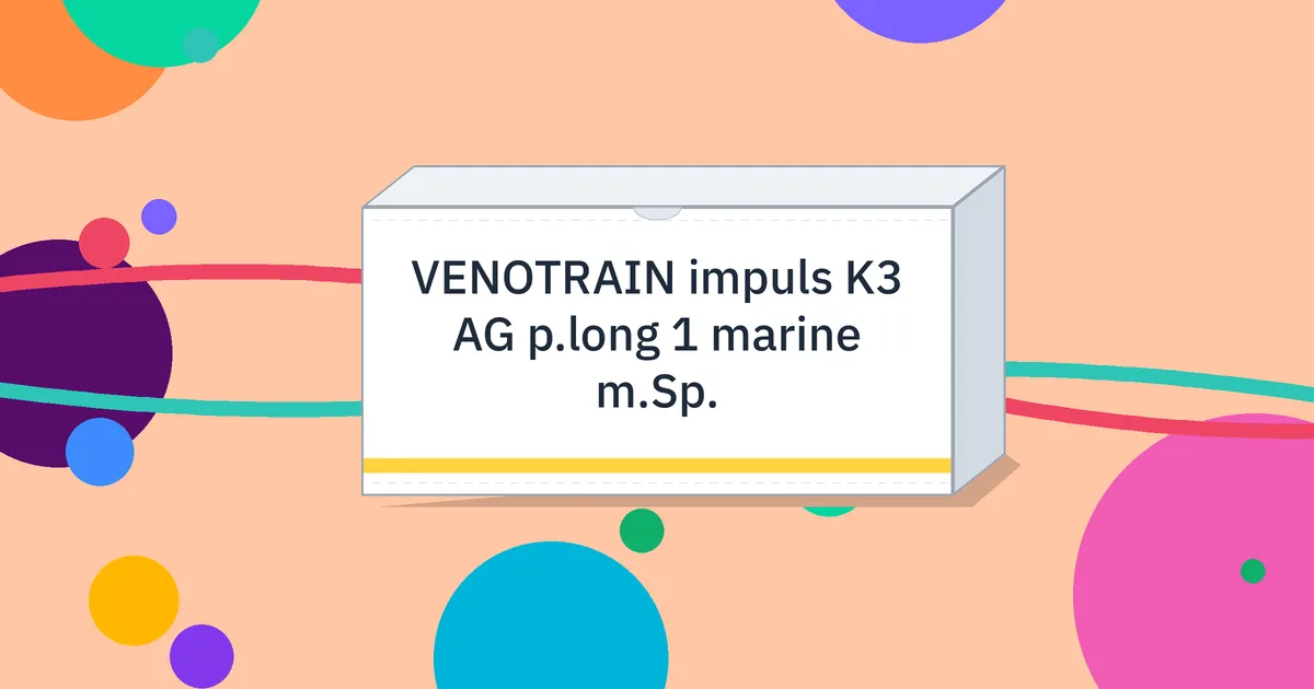 Symbolbild: Packung mit der Aufschrift VENOTRAIN impuls K3 AG p.long 1 marine m.Sp. (PZN 15213049) – Verfügbarkeit und Bezug in Apotheken in Frankfurt am Main