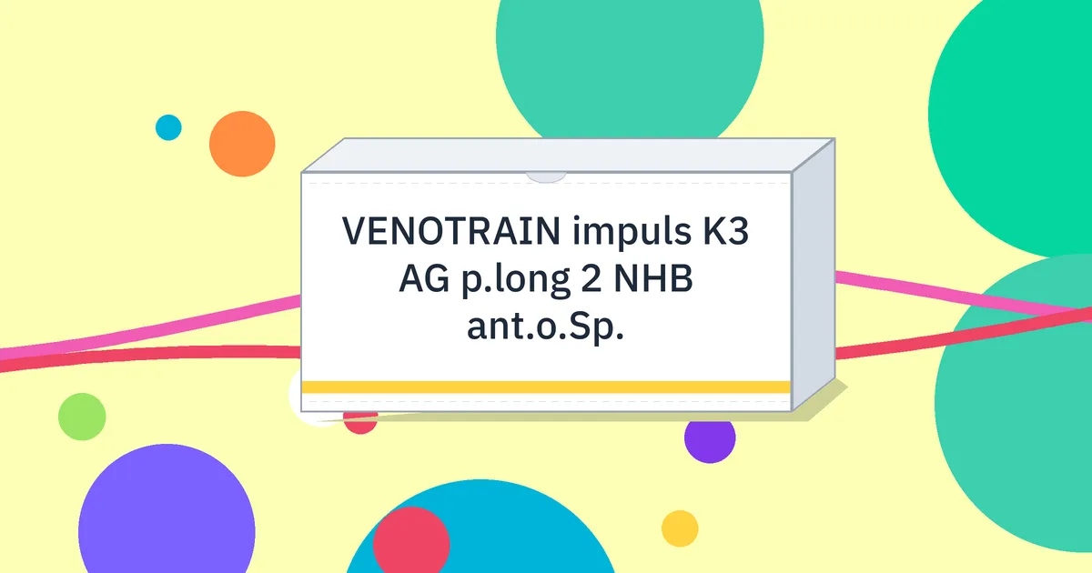 Symbolbild: Packung mit der Aufschrift VENOTRAIN impuls K3 AG p.long 2 NHB ant.o.Sp. (PZN 15216326) – Verfügbarkeit und Bezug in Apotheken in Frankfurt am Main