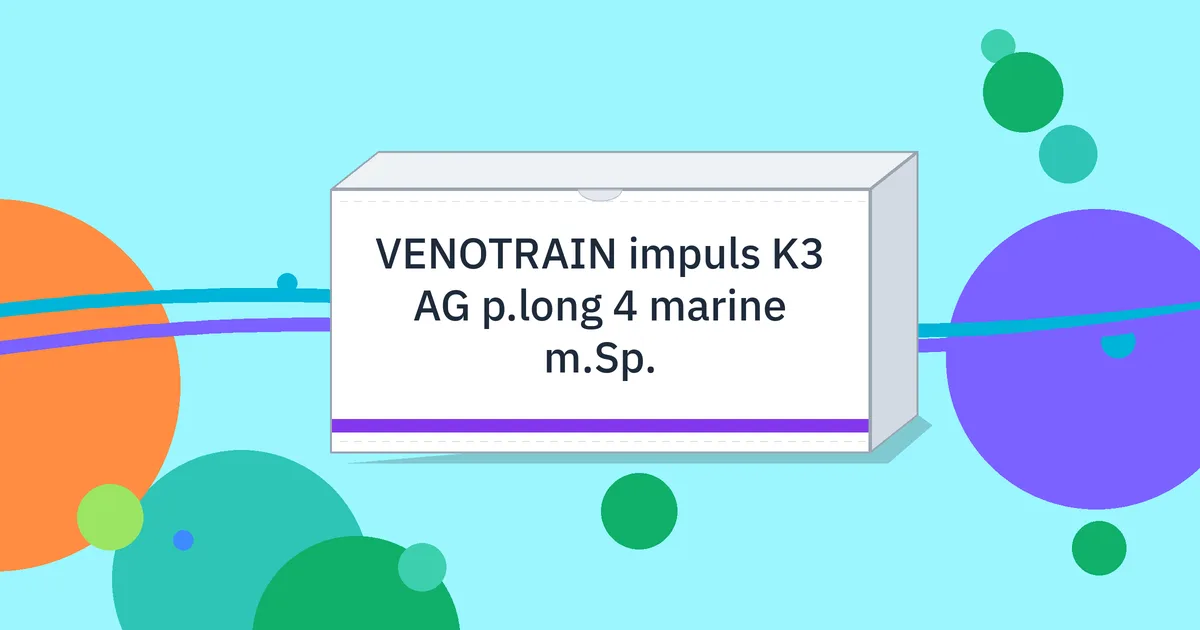 Symbolbild: Packung mit der Aufschrift VENOTRAIN impuls K3 AG p.long 4 marine m.Sp. (PZN 15213078) – Verfügbarkeit und Bezug in Apotheken in Frankfurt am Main
