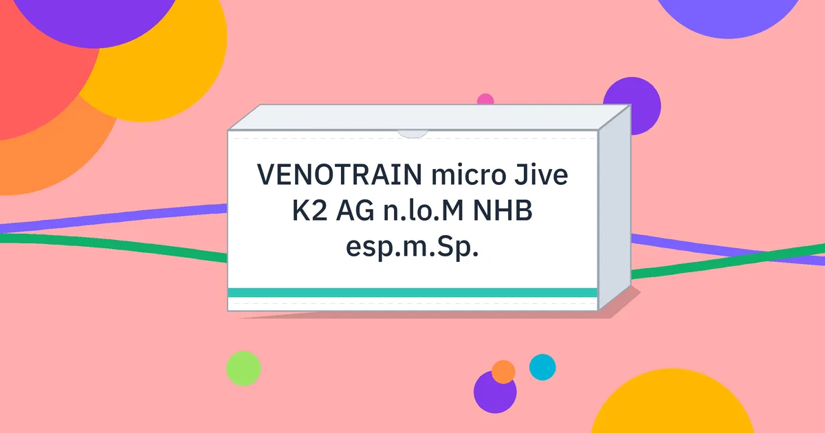Symbolbild: Packung mit der Aufschrift VENOTRAIN micro Jive K2 AG n.lo.M NHB esp.m.Sp. (PZN 17765942) – Verfügbarkeit und Bezug in Apotheken in Frankfurt am Main