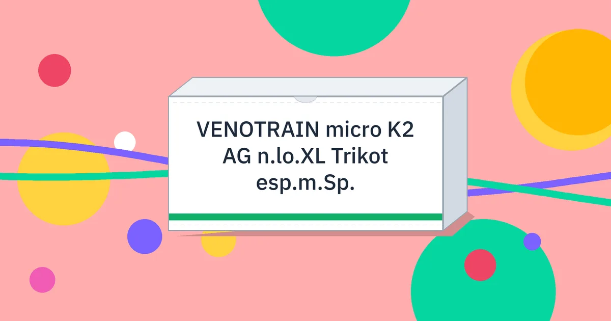 Symbolbild: Packung mit der Aufschrift VENOTRAIN micro K2 AG n.lo.XL Trikot esp.m.Sp. (PZN 05712981) – Verfügbarkeit und Bezug in Apotheken in Frankfurt am Main