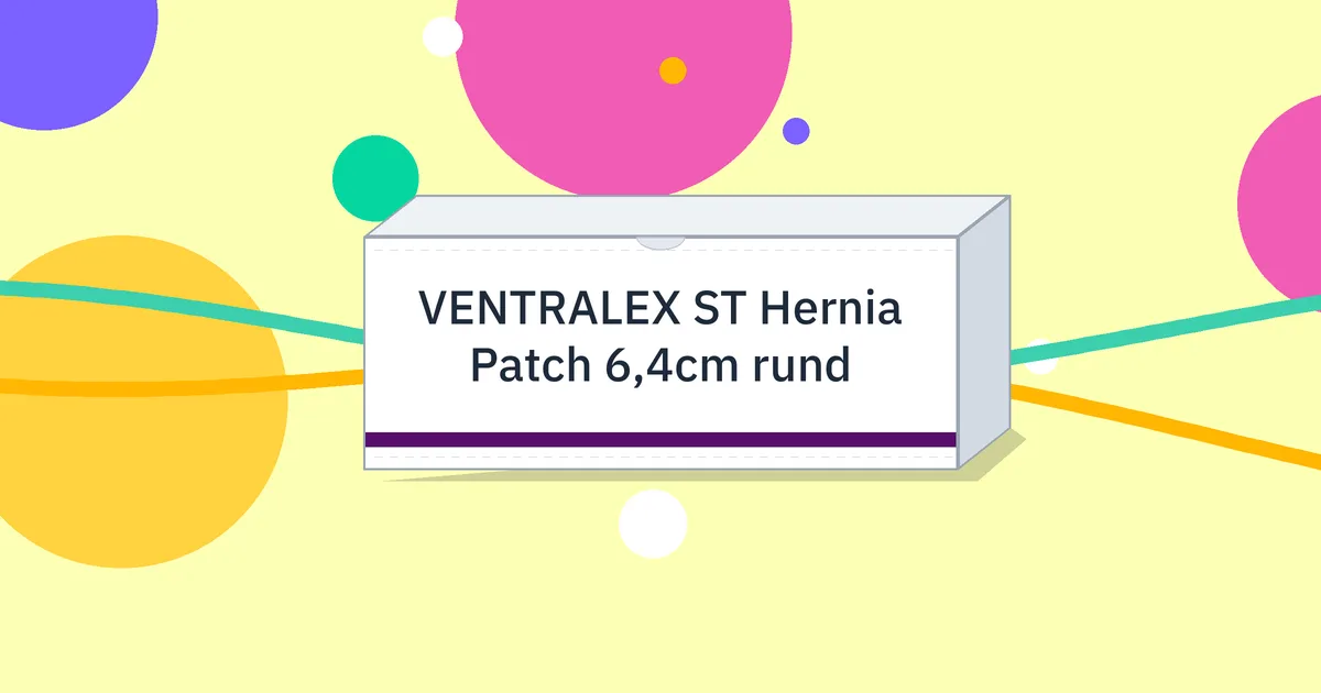 Symbolbild: Packung mit der Aufschrift VENTRALEX ST Hernia Patch 6,4cm rund (PZN 09485045) – Verfügbarkeit und Bezug in Apotheken in Frankfurt am Main