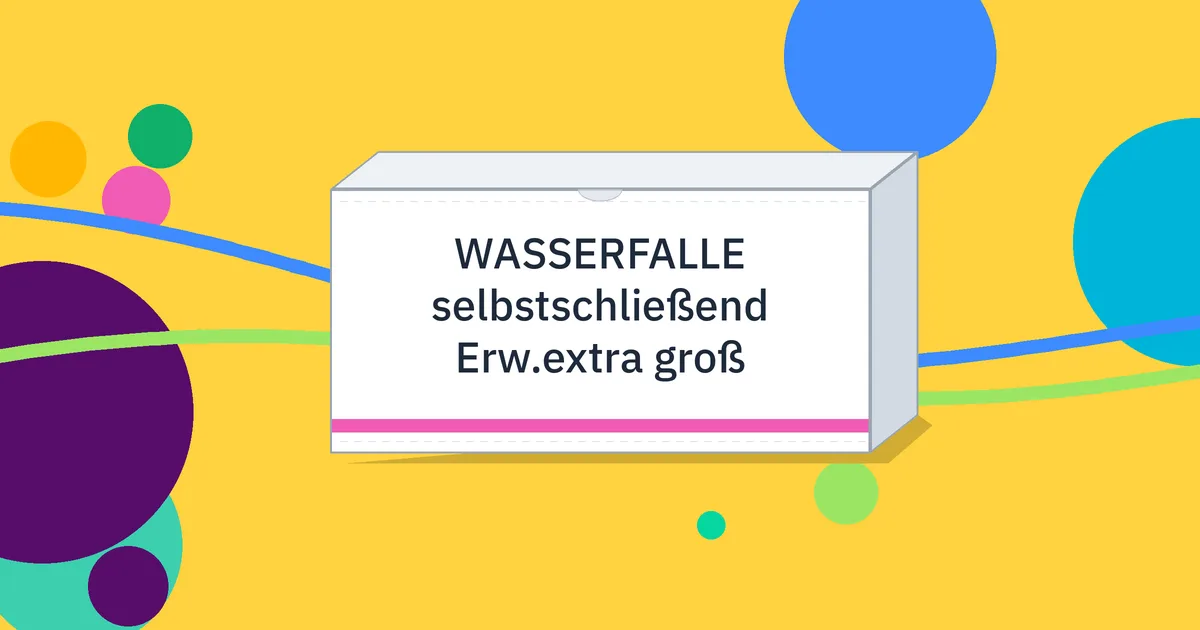 Symbolbild: Packung mit der Aufschrift WASSERFALLE selbstschließend Erw.extra groß (PZN 17431709) – Verfügbarkeit und Bezug in Apotheken in Frankfurt am Main