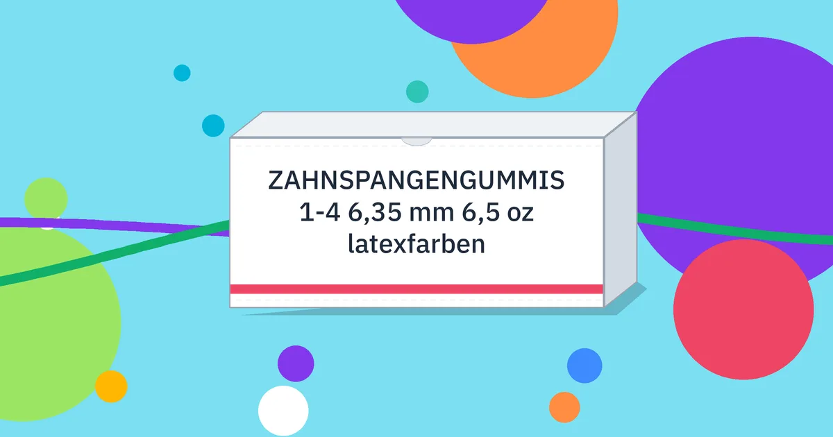 Symbolbild: Packung mit der Aufschrift ZAHNSPANGENGUMMIS 1-4 6,35 mm 6,5 oz latexfarben (PZN 19857714) – Verfügbarkeit und Bezug in Apotheken in Frankfurt am Main
