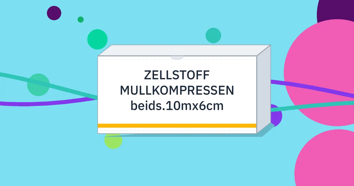 Symbolbild: Packung mit der Aufschrift ZELLSTOFF MULLKOMPRESSEN beids.10mx6cm (PZN 01723054) – Verfügbarkeit und Bezug in Apotheken in Frankfurt am Main
