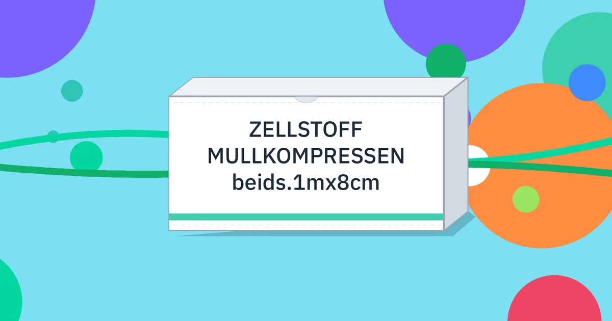 Symbolbild: Packung mit der Aufschrift ZELLSTOFF MULLKOMPRESSEN beids.1mx8cm (PZN 01722971) – Verfügbarkeit und Bezug in Apotheken in Frankfurt am Main