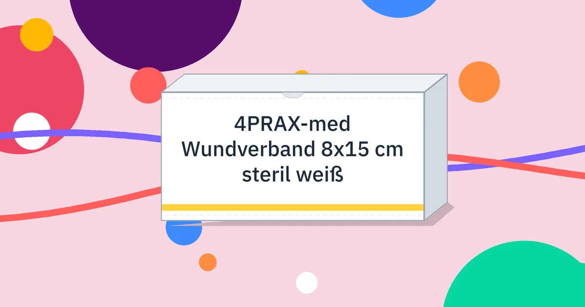 Symbolbild: Packung mit der Aufschrift 4PRAX-med Wundverband 8x15 cm steril weiß (PZN 20229897) – Verfügbarkeit und Bezug in Apotheken in Frankfurt am Main