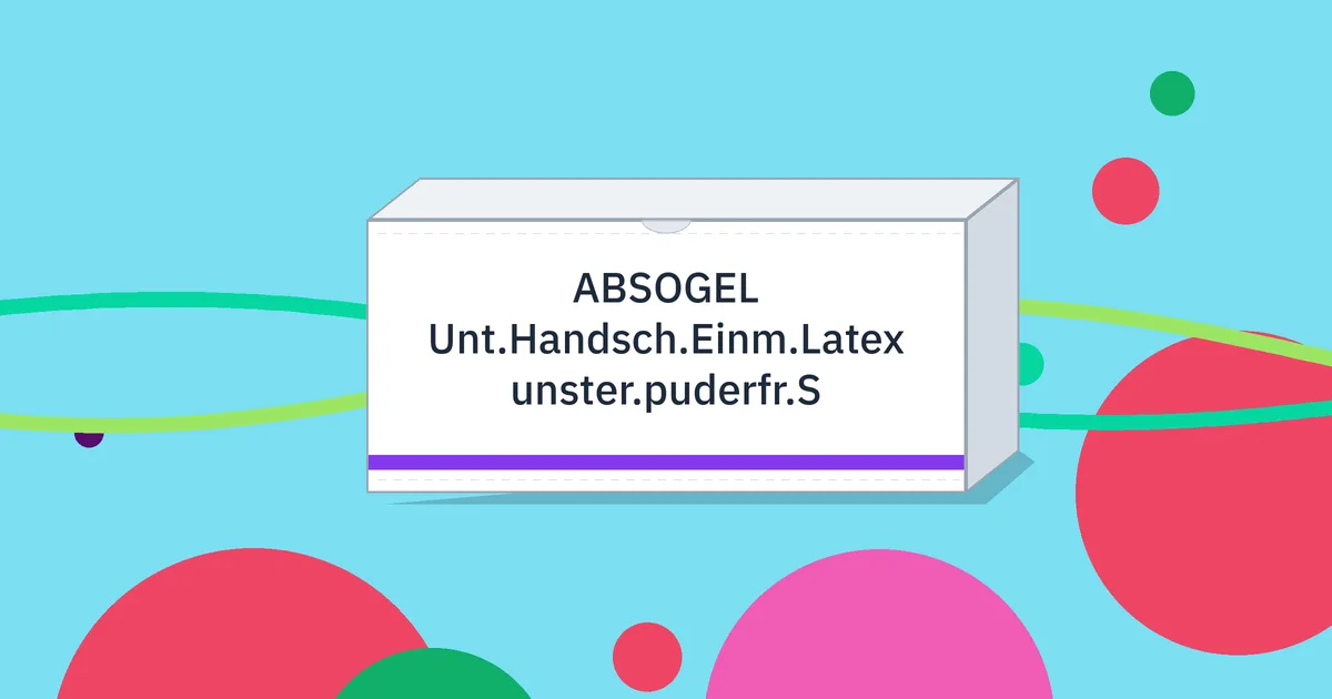 Symbolbild: Packung mit der Aufschrift ABSOGEL Unt.Handsch.Einm.Latex unster.puderfr.S (PZN 16527815) – Verfügbarkeit und Bezug in Apotheken in Frankfurt am Main