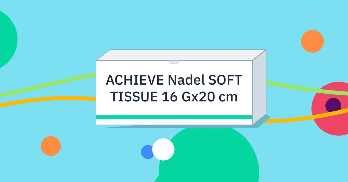 Symbolbild: Packung mit der Aufschrift ACHIEVE Nadel SOFT TISSUE 16 Gx20 cm (PZN 18763431) – Verfügbarkeit und Bezug in Apotheken in Frankfurt am Main