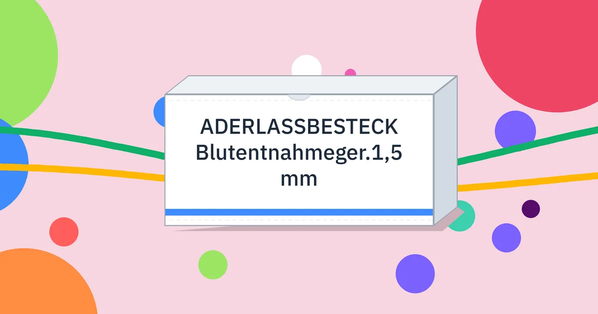 Symbolbild: Packung mit der Aufschrift ADERLASSBESTECK Blutentnahmeger.1,5 mm (PZN 08482429) – Verfügbarkeit und Bezug in Apotheken in Frankfurt am Main