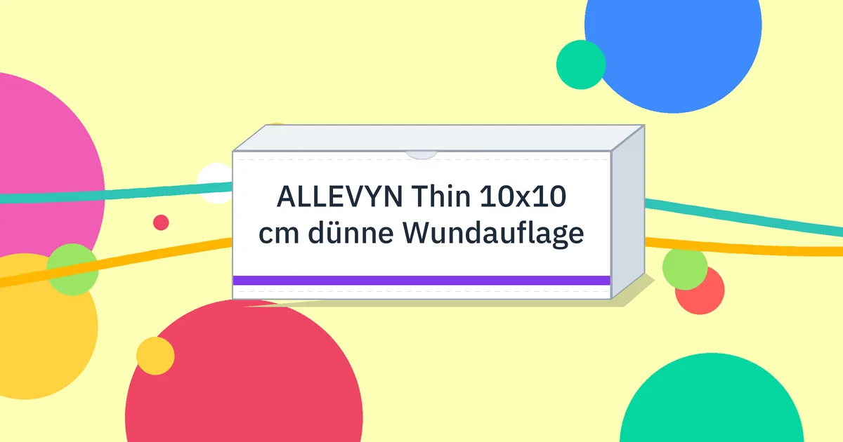 Symbolbild: Packung mit der Aufschrift ALLEVYN Thin 10x10 cm dünne Wundauflage (PZN 10274968) – Verfügbarkeit und Bezug in Apotheken in Frankfurt am Main