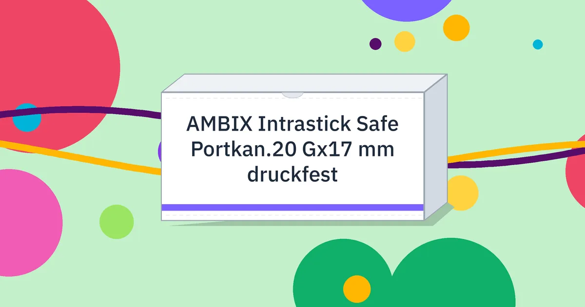 Symbolbild: Packung mit der Aufschrift AMBIX Intrastick Safe Portkan.20 Gx17 mm druckfest (PZN 09619356) – Verfügbarkeit und Bezug in Apotheken in Frankfurt am Main
