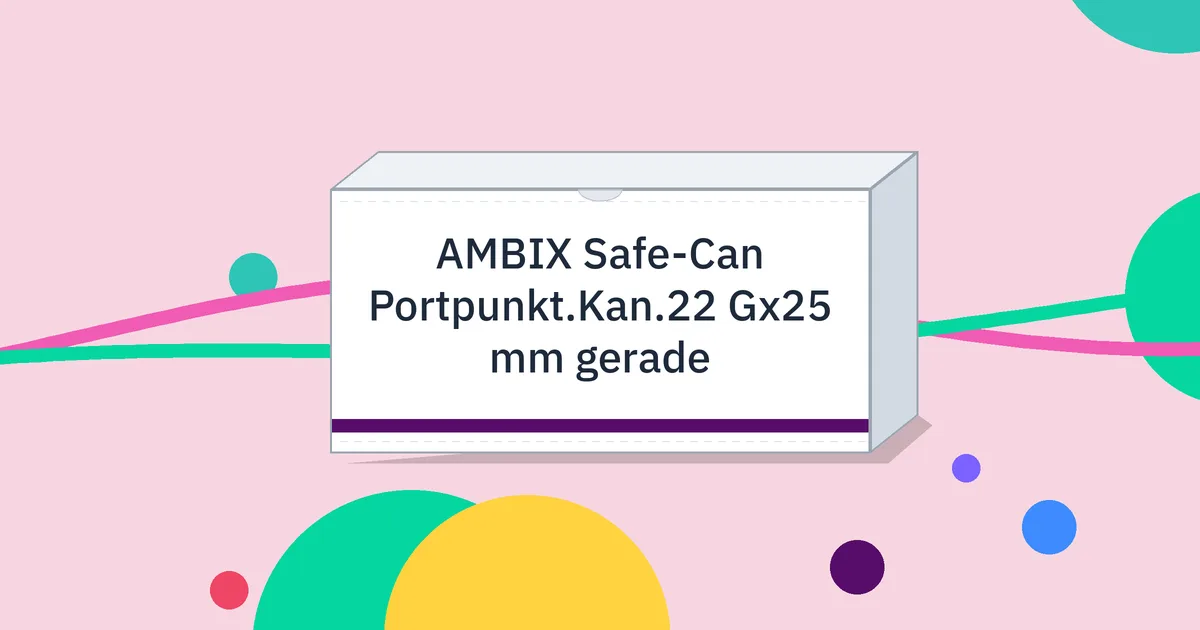Symbolbild: Packung mit der Aufschrift AMBIX Safe-Can Portpunkt.Kan.22 Gx25 mm gerade (PZN 02762174) – Verfügbarkeit und Bezug in Apotheken in Frankfurt am Main