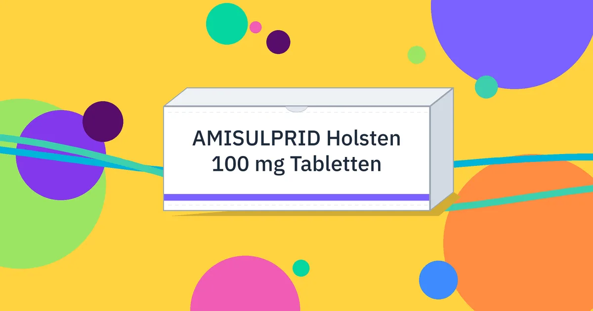 Symbolbild: Packung mit der Aufschrift AMISULPRID Holsten 100 mg Tabletten (PZN 12645222) – Verfügbarkeit und Bezug in Apotheken in Frankfurt am Main