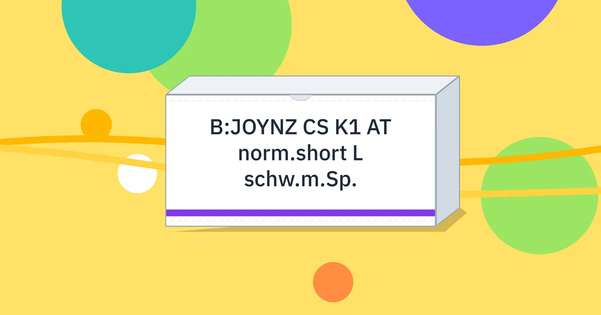 Symbolbild: Packung mit der Aufschrift B:JOYNZ CS K1 AT norm.short L schw.m.Sp. (PZN 20536926) – Verfügbarkeit und Bezug in Apotheken in Frankfurt am Main