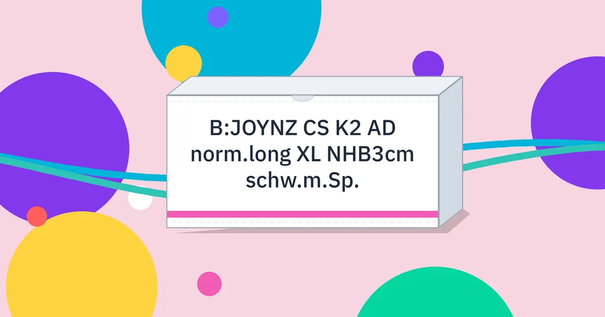 Symbolbild: Packung mit der Aufschrift B:JOYNZ CS K2 AD norm.long XL NHB3cm schw.m.Sp. (PZN 20527034) – Verfügbarkeit und Bezug in Apotheken in Frankfurt am Main