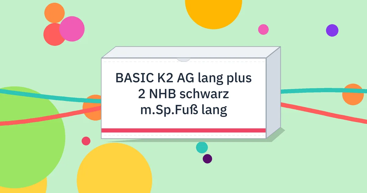 Symbolbild: Packung mit der Aufschrift BASIC K2 AG lang plus 2 NHB schwarz m.Sp.Fuß lang (PZN 20266562) – Verfügbarkeit und Bezug in Apotheken in Frankfurt am Main