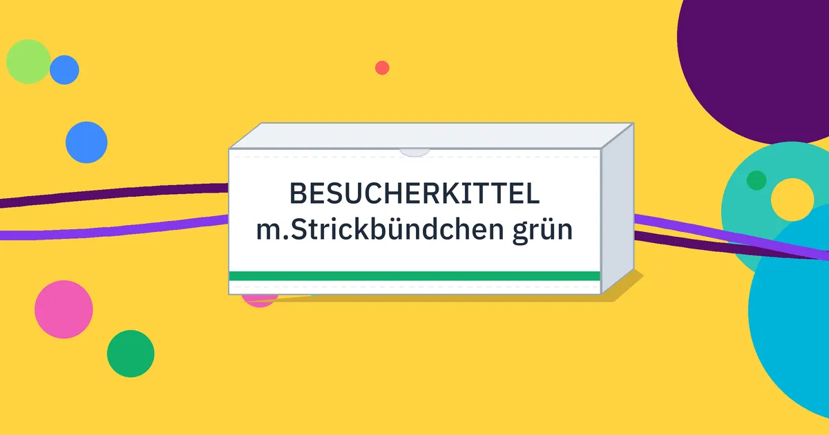 Symbolbild: Packung mit der Aufschrift BESUCHERKITTEL m.Strickbündchen grün (PZN 07252302) – Verfügbarkeit und Bezug in Apotheken in Frankfurt am Main