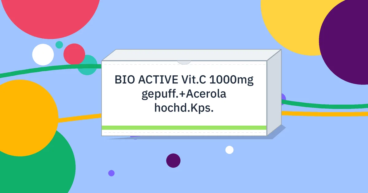 Symbolbild: Packung mit der Aufschrift BIO ACTIVE Vit.C 1000mg gepuff.+Acerola hochd.Kps. (PZN 18780027) – Verfügbarkeit und Bezug in Apotheken in Frankfurt am Main