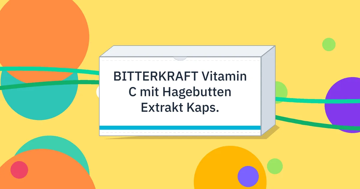 Symbolbild: Packung mit der Aufschrift BITTERKRAFT Vitamin C mit Hagebutten Extrakt Kaps. (PZN 19856904) – Verfügbarkeit und Bezug in Apotheken in Frankfurt am Main