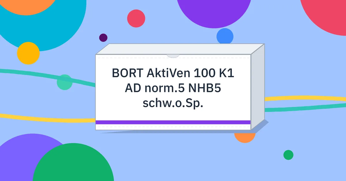 Symbolbild: Packung mit der Aufschrift BORT AktiVen 100 K1 AD norm.5 NHB5 schw.o.Sp. (PZN 17497223) – Verfügbarkeit und Bezug in Apotheken in Frankfurt am Main