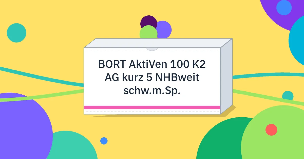Symbolbild: Packung mit der Aufschrift BORT AktiVen 100 K2 AG kurz 5 NHBweit schw.m.Sp. (PZN 14388172) – Verfügbarkeit und Bezug in Apotheken in Frankfurt am Main