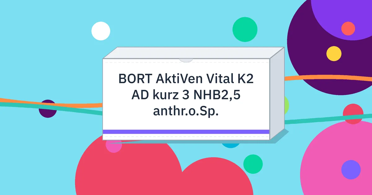 Symbolbild: Packung mit der Aufschrift BORT AktiVen Vital K2 AD kurz 3 NHB2,5 anthr.o.Sp. (PZN 17499647) – Verfügbarkeit und Bezug in Apotheken in Frankfurt am Main