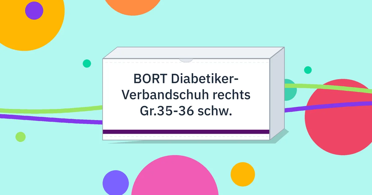 Symbolbild: Packung mit der Aufschrift BORT Diabetiker-Verbandschuh rechts Gr.35-36 schw. (PZN 11581282) – Verfügbarkeit und Bezug in Apotheken in Frankfurt am Main